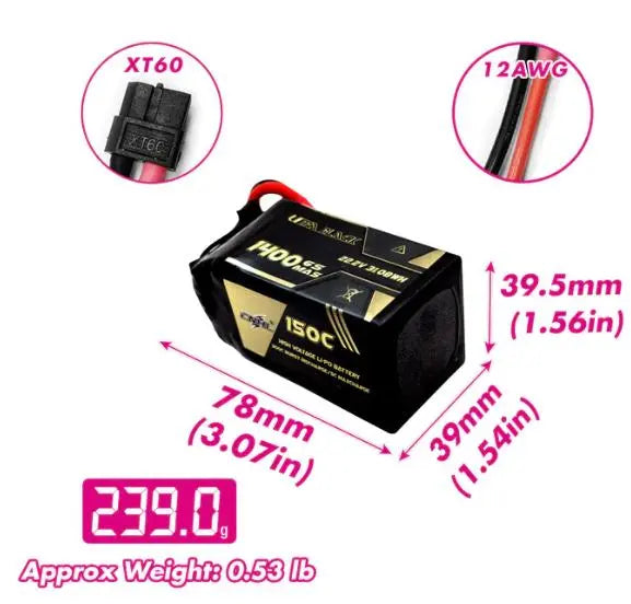 CNHL Ultra Black 1400mAh 22.2V 6S 150C Lipo Battery with XT60 Plug ...