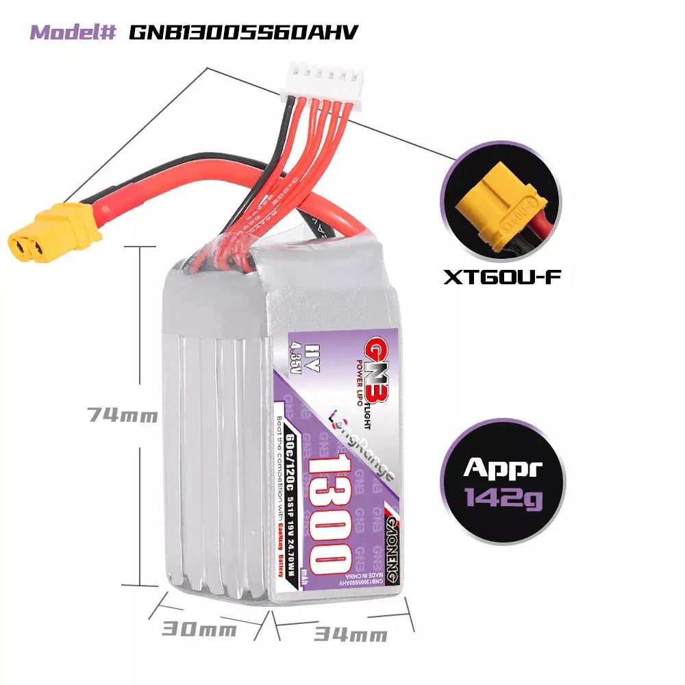 GAONENG GNB 1300MAH 19V HV 5S 60C 120C HV XT60 LiPo Battery - – NewBeeDrone